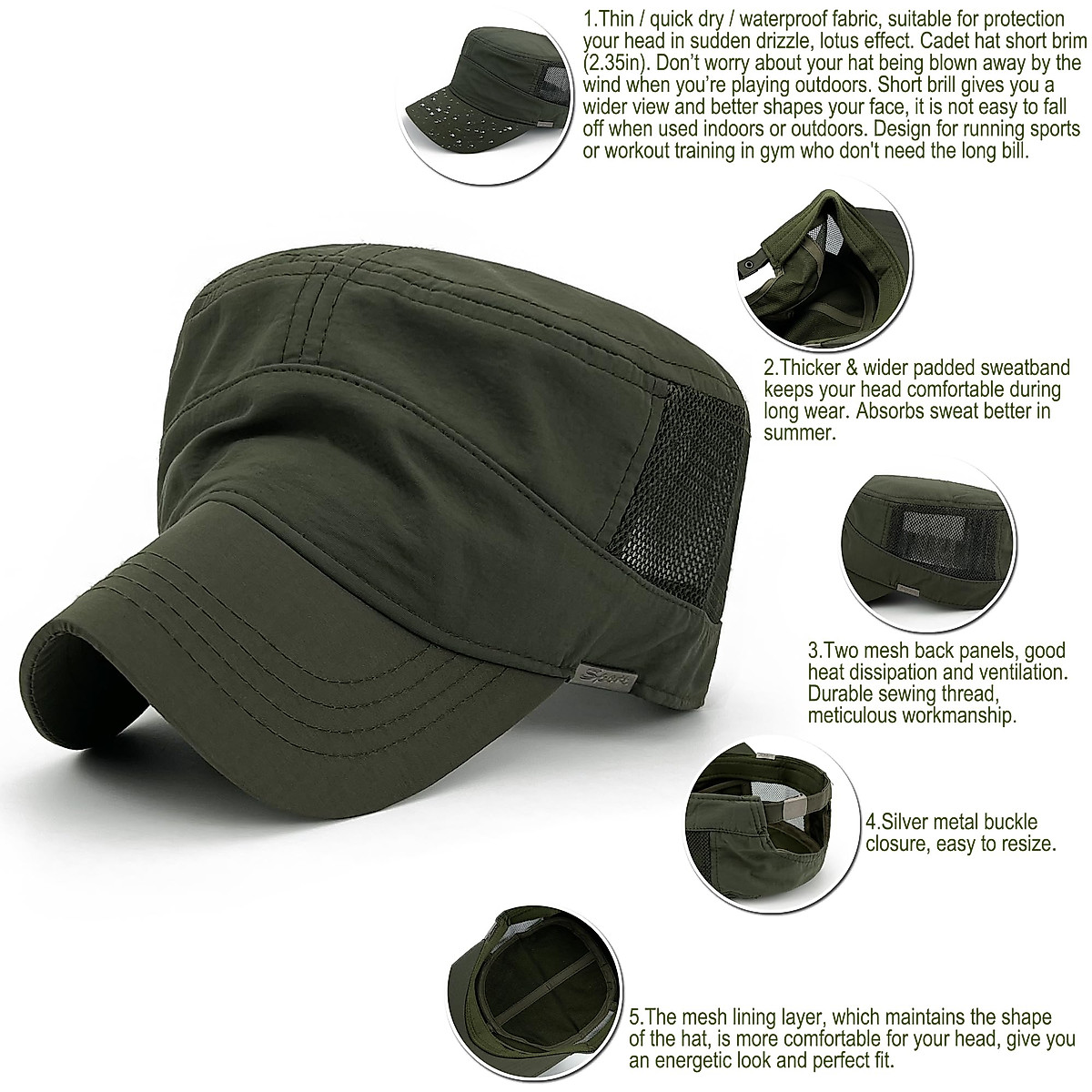 Rayna Fashion womens Quick Dry Cadet Army Waterproof Military Flat Top Baseball Dad Sun Outdoor Sports Cap, Green, X-Large