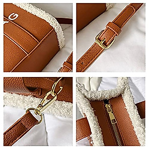 NEGBIU Tote Bag for Women, PU Leather Tote Bag with Lamb Wool, Crossbody Handbag for Travel/Work（11 * 8.26 * 4.3in