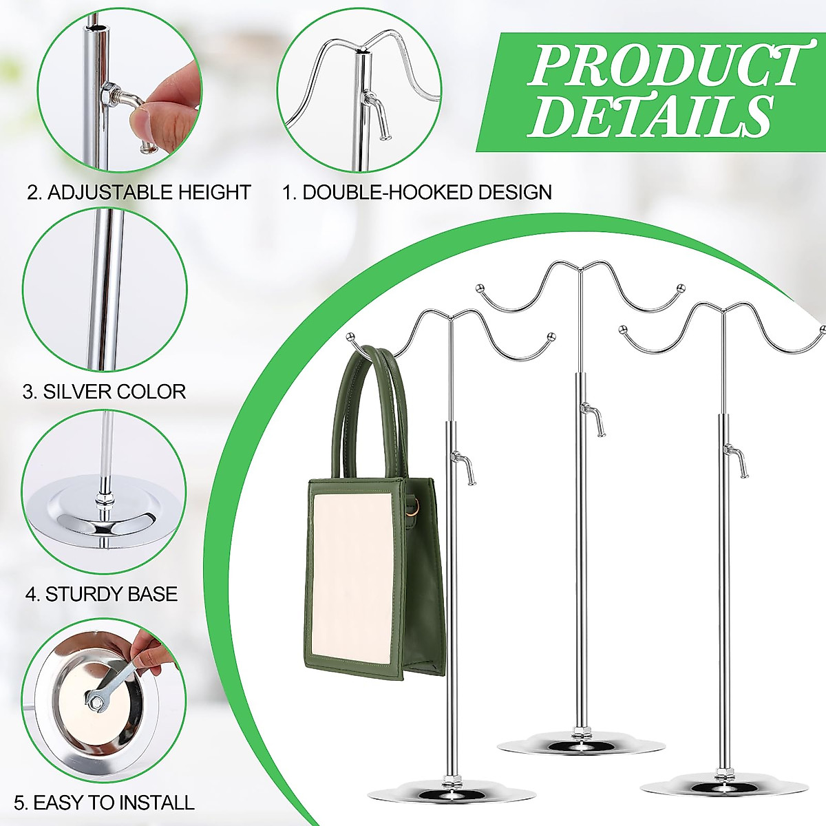 Nuenen 4 Pcs Double Hook Purse Display Stand Adjustable Stainless Steel Handbag Display Stand Metal Freestanding Bag Stand Holder for Purse Hat Wig Handbag
