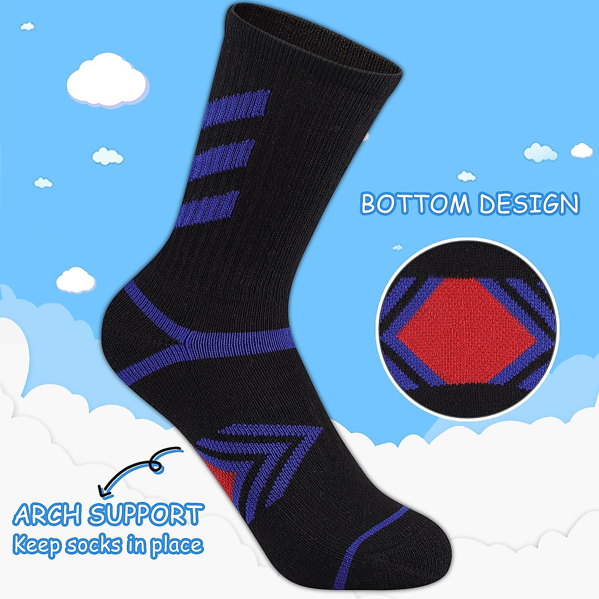 Comfoex Boys Crew Socks Athletic Long Cotton Socks For Kids Half Cushioned Calf Sports Socks 6 Pairs