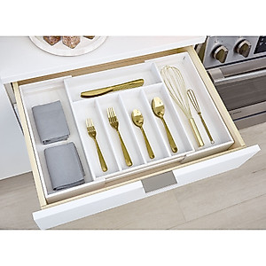 iDesign Renewable Paulownia Wood Collection Expandable Flatware and Cutlery Tray, 15" x 12"-22", White Wash