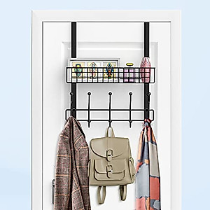 MILIJIA Coat Rack, Over The Door Hanger with Mesh Basket, Detachable Storage Shelf for Towels, Hats, Handbags, Coats (Black)