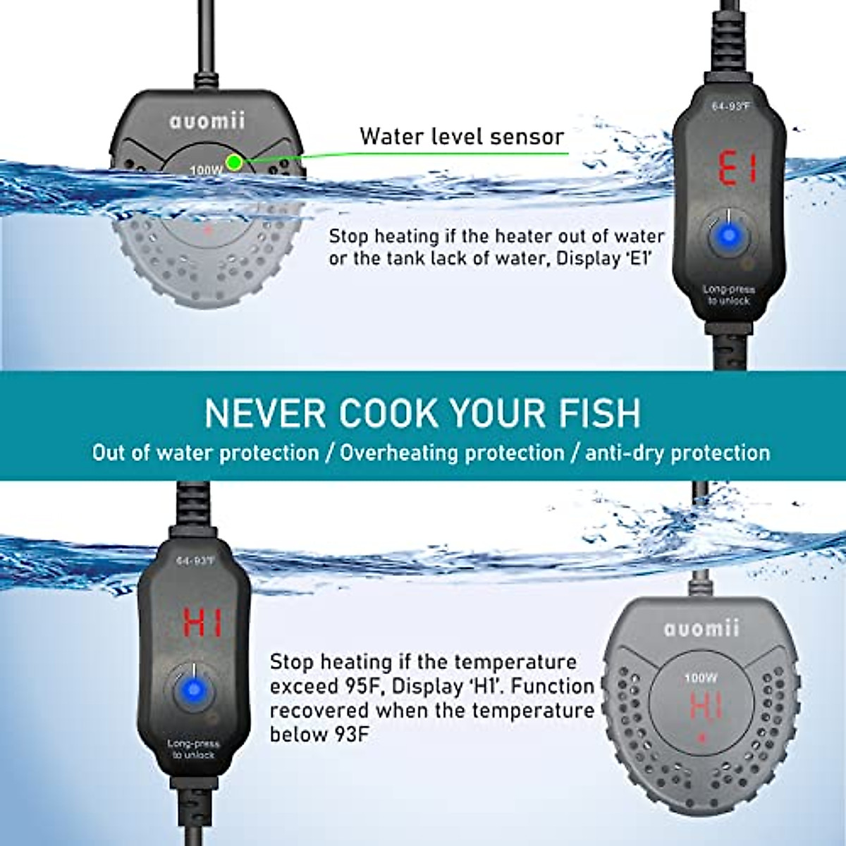 auomii Mini Submersible Aquarium Heater, 50W/100W Small Fish Tank Heater, Built-in Thermometer, 2 LED Temperature Display, External Temperature Controller, Smart Memory, 50W (1-10Gallons)