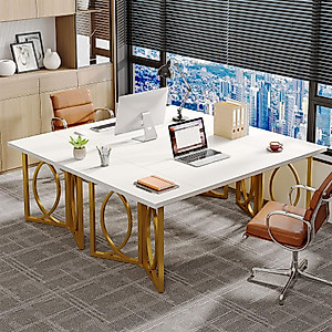 Tribesigns 70.9 inch Modern Simple Home Office Desk for Study, Large Computer Desk Office Desks Wood Study Writing Table Business Workstation with Golden Sturdy Metal Frame for Bedroom, White Gold