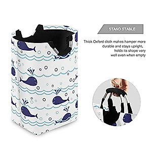 Seamless Ocean Waves Water Drop Circles Background with Blue Whales Laundry Hamper Basket Bucket, Foldable Dirty Clothes Bag, Waterproof Fabric Washing Bin, Toy Storage with Handles for Bathroom