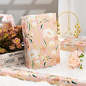 Merture Wedding Wrapping Paper Roll with Flower Patterns - 17 In X 32.8 Ft - 1 Roll (46.5 sqft.ttl.) Foil Floral Design Gift Wrap for Wedding, Valentines Day, Mothers Day, Birthday, Christmas, Pink