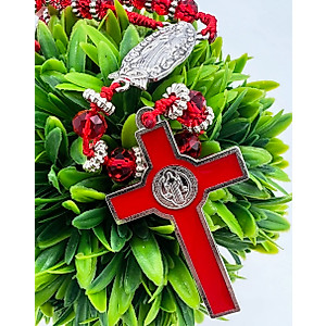 Bead Rosary Necklace with Crucifix and Our Lady of Guadalupe Medal Red Beads Catholic Prayer Rosaries Necklaces Jewelry for Boys Men Gifts Box (Silver)