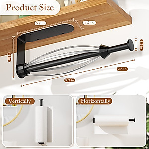 Paper Towel Holder Under Cabinet, Single Hand Operable Wall Mount Paper Towel Holder with Damping Effect, Self-Adhesive or Drilled Paper Roll Holders for Kitchen, Bathroom, RV(2 Towel Robe Hooks)