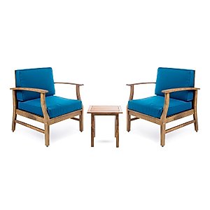 Christopher Knight Home Perla Outdoor 2 Seater Acacia Wood Bistro Set with Cushions, 28.25 "W x 28 "D x 32.75 "H, Teak + Blue
