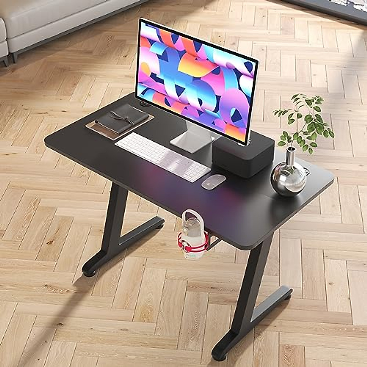 Lifetime Home 44 Inch Wide Ergonomic Computer PC Z Shaped Gaming Desk - Carbon Fiber Surface, Water Bottle & Drinks Holder and Wire Management Cord Cover for Bedroom, Office, Living Room, Workstation