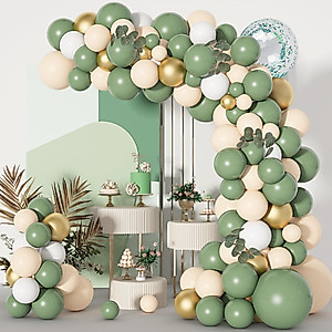 Ouddy Life Sage Green Balloon Garland Arch Kit, Olive Sage Green Balloons with Bobo Balloon of Blush White and Gold Balloons & Eucalyptus for Birthday Baby Shower Decorations Party Supplies