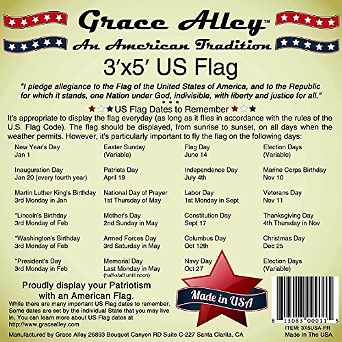 American Flag 3x5 Outdoor by Grace Alley, Embroidered Stars, Sewn Stripes, Heavy Duty, Hand Made and Fade Resistant - Long Lasting Nylon & Brass Grommets for Commercial Grade Durability, 100% Made in USA