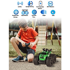 RC Stunt Car, RC Monster Trucks 4x4 Offroad, 4WD 360° Flips Rotating Car Toys for Boys and Girls, Toddler Remote Control Car with Spray Function, Ideal Birthday for Kids (Green)