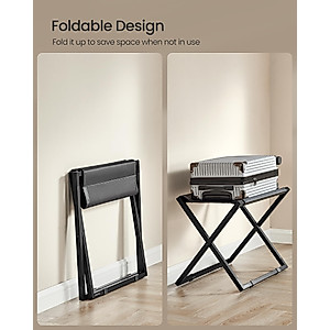 SONGMICS Luggage Rack, Foldable Suitcase Stand, Metal Luggage Holder, Synthetic Leather, Easy to Assemble, for Guest Room, Hotel, Bedroom, Ink Black and Charcoal Gray URLR009B01