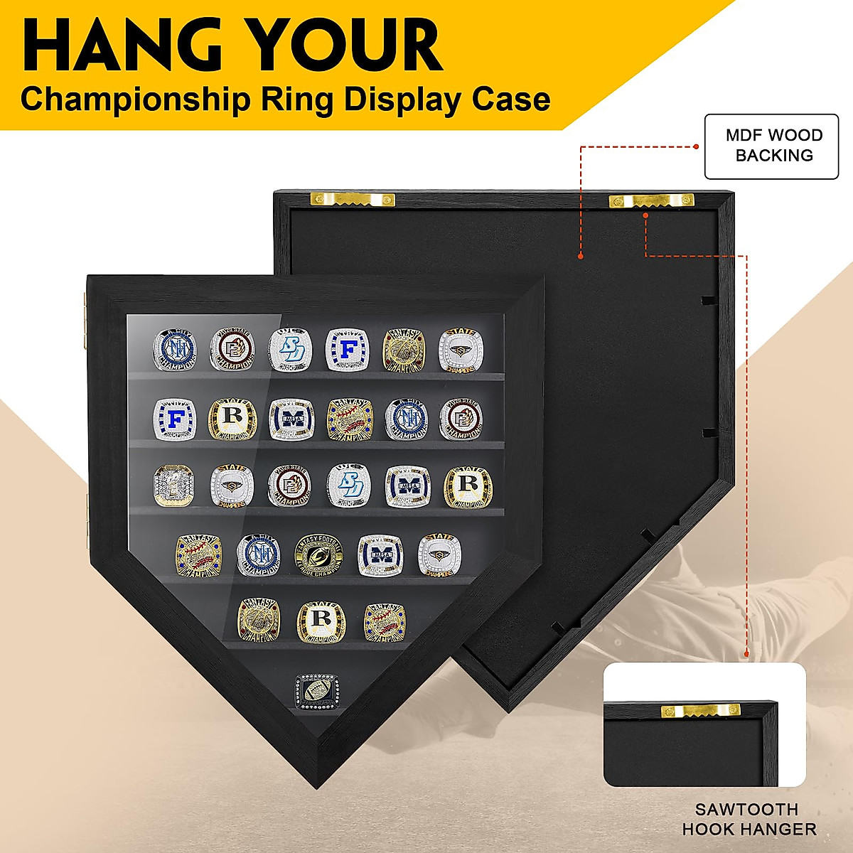 Kacorn Championship Ring Display Case, 12 Ring Posts Sports Ring Display Case Wooden Shadow Box for Baseball Basketball Football Softball Award Rings Fan Souvenirs