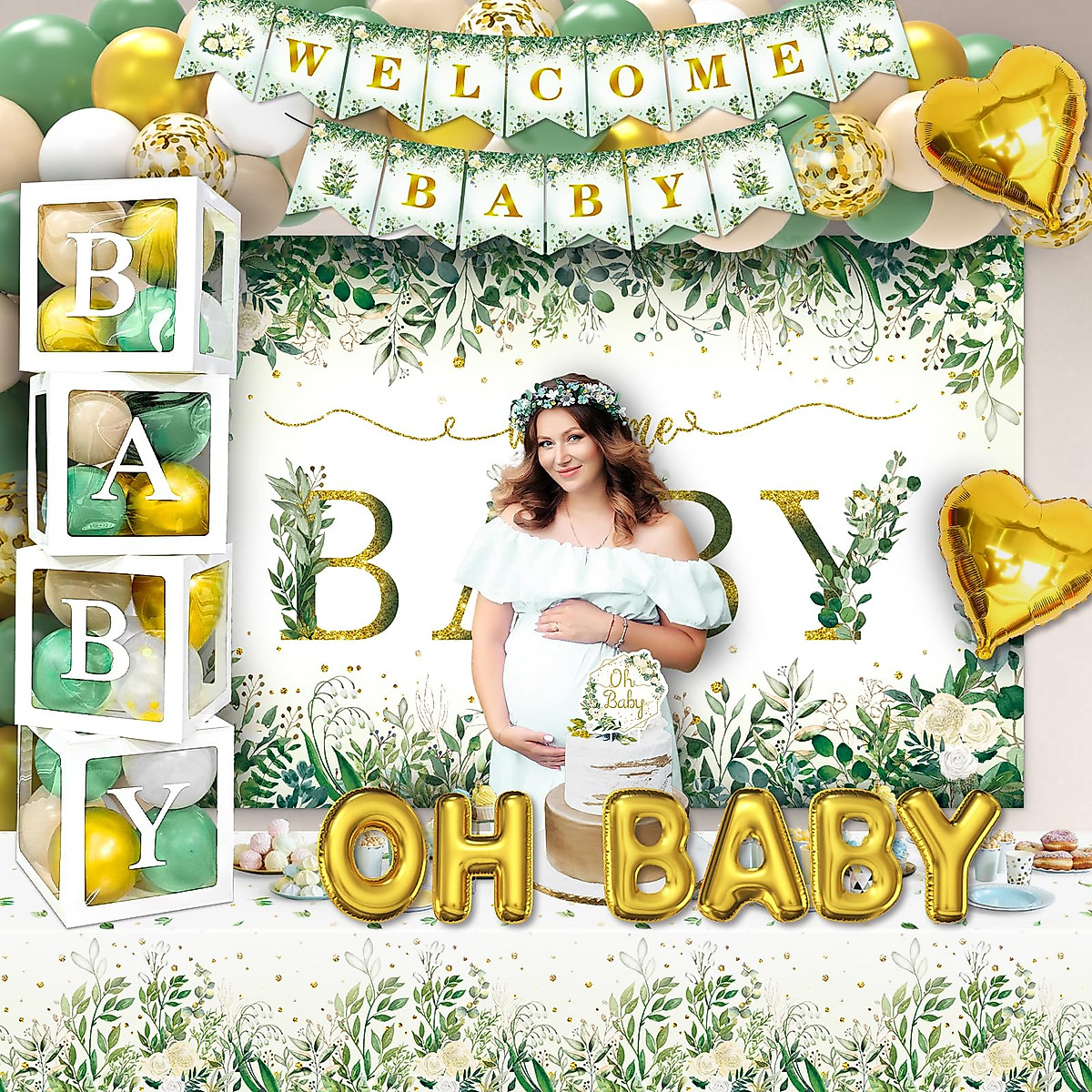 Sage Green Baby Shower Decoration, Neutral Baby Shower Party Supplies with Backdrop Balloon Garland Box Tablecloth for Gender Reveal Woodland Safari Party Decor