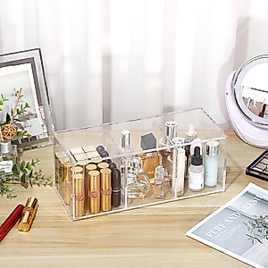 Hipiwe Acrylic Organizer with Lid Clear Jewelry Display Case Divided Bathroom Organizer Box Multi-purpose Desktop Organizer for Jewelry Cosmetic Candy Hair Accessories,Rectangle with 3 Compartment