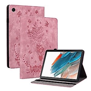 Ammeer Case for Samsung Galaxy Tab A8 10.5", Retro Rose Flower Pattern Flip Smart Cover Wallet PU Leather Bag Stand Card Slots Holder Elastic Band - Pink