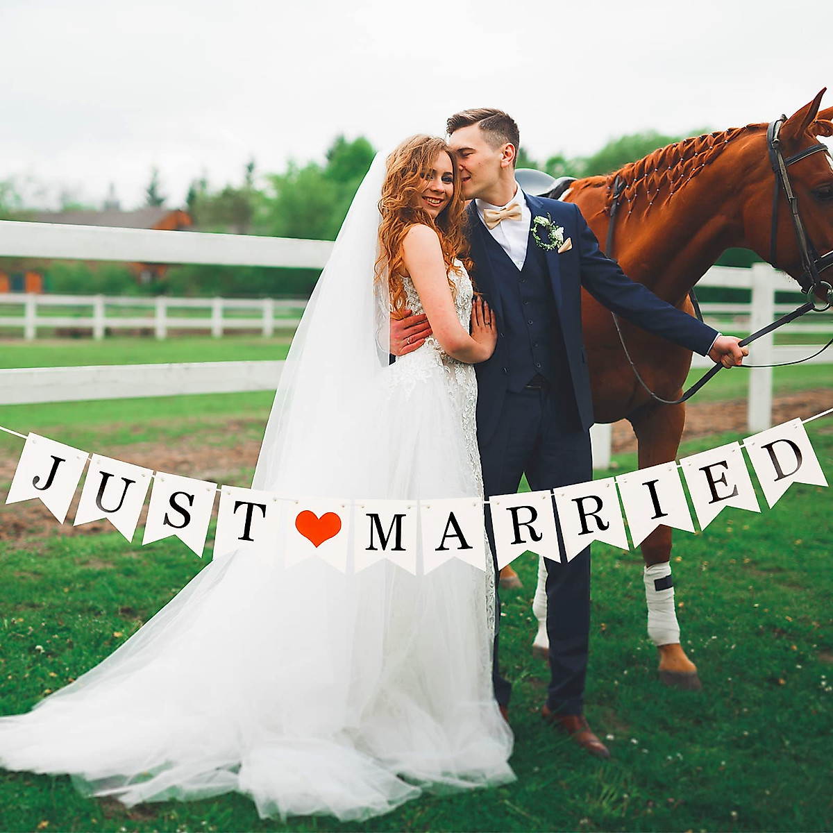 Tatuo 2 Sets Just Married Wedding Banners Bunting Garland Photo Props Signs with Heart for Bridal Shower Wedding Party Decoration