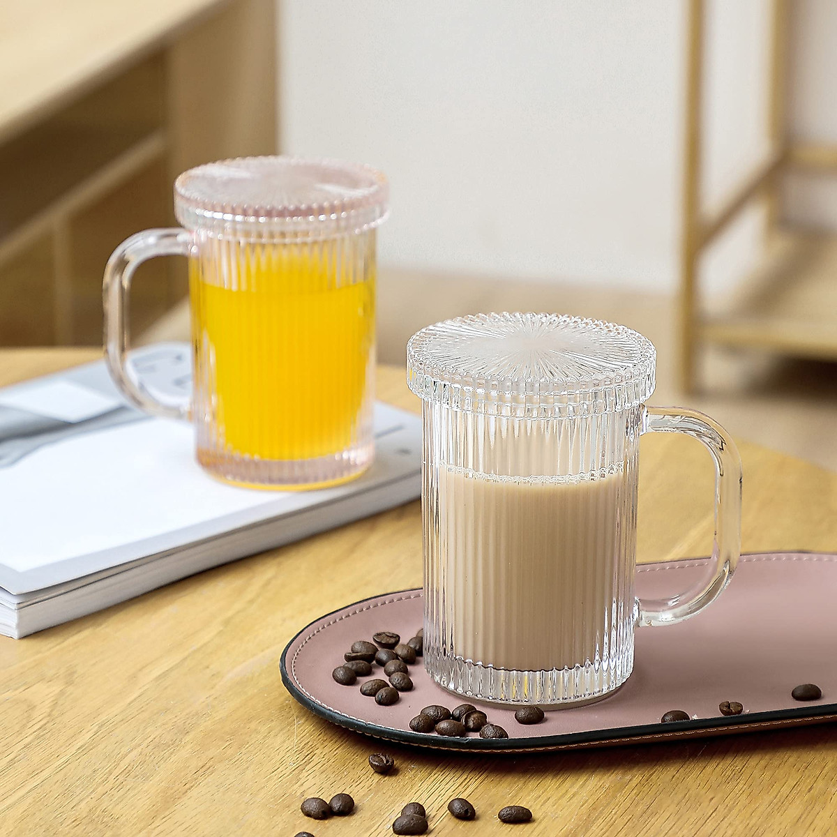 Lysenn Pink Glass Coffee Mug - Classic Vertical Stripes Tea Mug - Elegant Coffee Cup with Glass Lid for Latte, Espresso - Lovely Gift for Christmas, Anniversary and Birthday - 11 oz