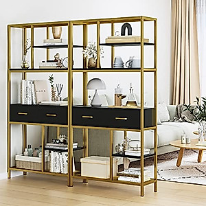 HITHOS Bookshelf, Tall Bookcase with 2 Drawers and Storage Shelves, Industrial Etagere Bookcase Book Shelves for Office, Living Room, Black/Gold
