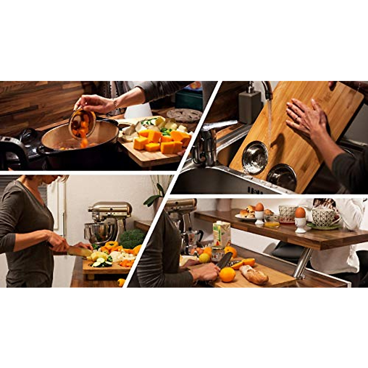 VersaChop Duo, Large 18 inch X 12 inch Cutting Boards for Kitchen. Totally Natural Organic Moso Bamboo Cutting Board with Two Integrated Stainless Steel Bowls attached for organization and storage.