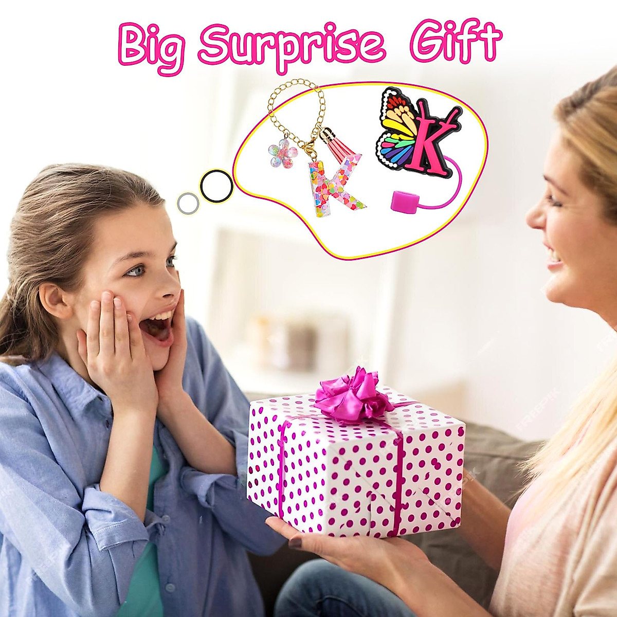 Mity rain 6PCS Cup Accessories Set for Stanley Cup 30oz 40oz, Tumbler Initials Decorations for Stanley, Including Silicone Straw Cover Cap and Boot, Spill Proof Stopper, Handle Charm, Sticker,Letter K