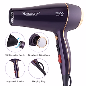 VAGARY 6690A Salon Pro Hair Dryer for Women,2200w Powerful AC Motor Fast Drying, Ionic Blow Dryer for Thick Hair,2 Speeds and 2 Heat Settings 1 Cool Shot Button(1 Diffuser and 1Concentrator)