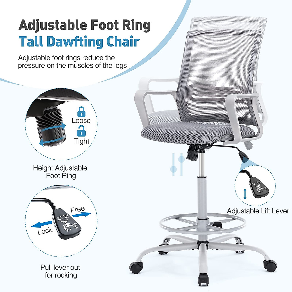 JHK Tall Drafting Home Office Computer Standing Desk Chair with Adjustable Foot Ring and Breathable Mesh, Ergonomic Lumbar Support Armrest, Grey