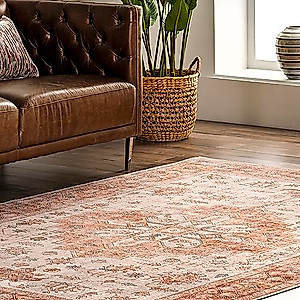 nuLOOM Dawson Machine Washable Distressed Medallion Ultra Thin Area Rug, 8' x 10', Peach