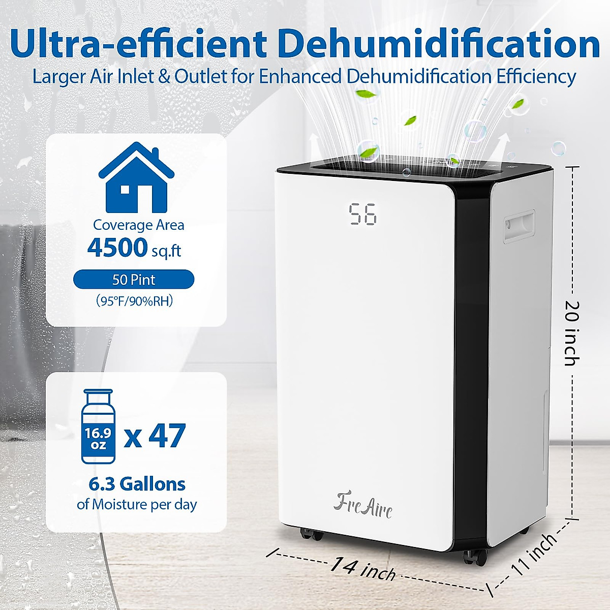 FreAire 4,500 Sq.Ft. Dehumidifier for Basement Home with Drain Hose | 50 Pint | Dehumidifiers with Auto or Manual Drainage for Large Room Bedroom Bathroom | 24H Timer | Humidity Control | 3 Modes