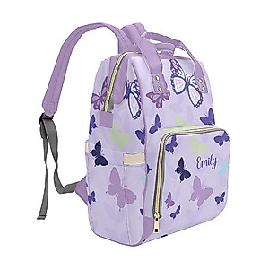 Yeshop Butterfly Purple Personalized Diaper Bag Backpack Tote with Name,Custom Travel Nappy Mommy Bag Backpack for Baby Girl Boy Gift, A300, 10.83In x 6.69Inx 15In