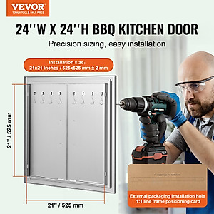 VEVOR BBQ Access Double Door, 24W x 24H Inch Outdoor Kitchen, Stainless Steel Flush Mount, Double Wall Vertical With Handles and Hooks, for BBQ Island, Grilling Station, Outside Cabinet