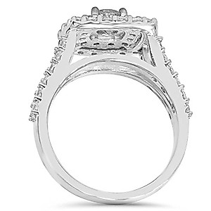 Pompeii3 10k White Gold 2 Ct T.W. Diamond Cushion Halo Engagement Ring Matching Wedding Band Bridal Women's Set Round-Cut Natural Diamonds
