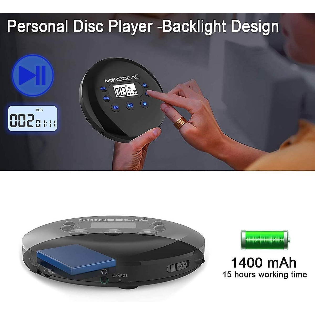 【𝟐𝟎𝟐4 𝐔𝐩𝐠𝐫𝐚𝐝𝐞𝐝】 CD Player Portable, MONODEAL Portable CD Player with Headphones,Small Personal CD Player with LCD Display,Anti-Skip/Shockproof, Rechargeable Walkman CD Player for Car
