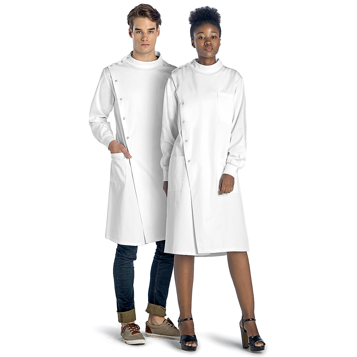 Dr. James Premium Howie Style Unisex Lab Coat for Men & Women, Cuffed Sleeves, Classic Fit, Snap Closing, 43" Length (S (Men S/Women M)) White