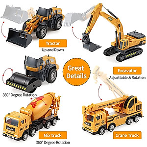 PANITU Construction Truck Toy Set with Game Mat and Storage Bucket, Kids Engineering Cargo Transport Vehicles Site Playset, Tractor, Crane, Dump Trucks, Excavator, Gift for 3 + Toddlers Boys Children