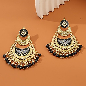 Kenjudess Vintage Turquoise Beaded Tassel Chandelier Earrings Retro Gold Ethnic Long Moon Drop Dangle Hook Earrings Exotic Indian Belly Dance Accessories for Women (Black B)