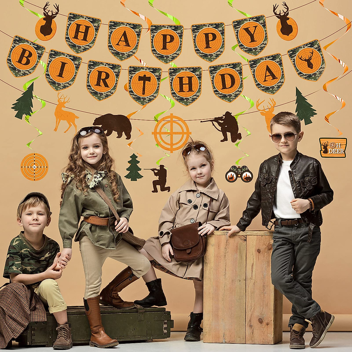 62 Pcs Hunting Theme Party Decorations Hunting Birthday Banner Camo Birthday Party Decorations Camo Cupcake Toppers Hunting Swirls Decorations Deer Decorations for Party Birthday Baby Shower