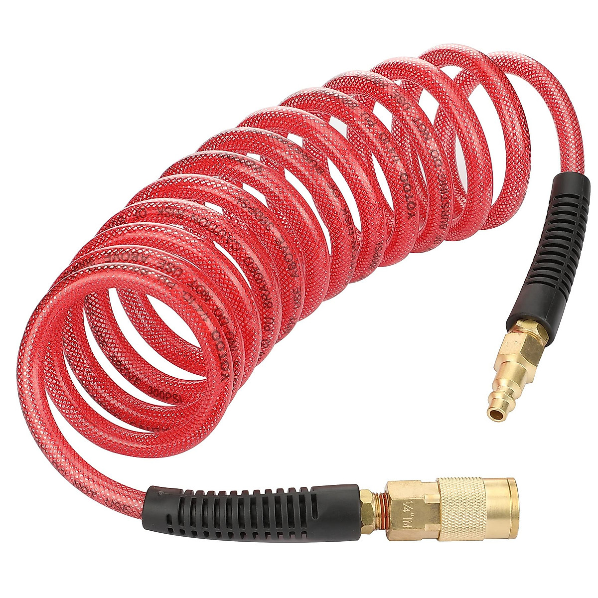 YOTOO Reinforced Polyurethane Recoil Air Hose 1/4" Inner Diameter by 10' Long, Heavy Duty, Flexible Air Compressor Hose with Bend Restrictor, 1/4" Swivel Industrial Quick Coupler and Plug, Red