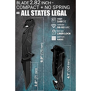 Tactical Knife for Men - 2.8 Inch Tanto Serrated Blade - Black Pocket Knife with Glass Breaker Seatbelt Cutter Pocket Clip - Cool Folding Knives for Camping Military Work - Birthday Mens Gifts 6620
