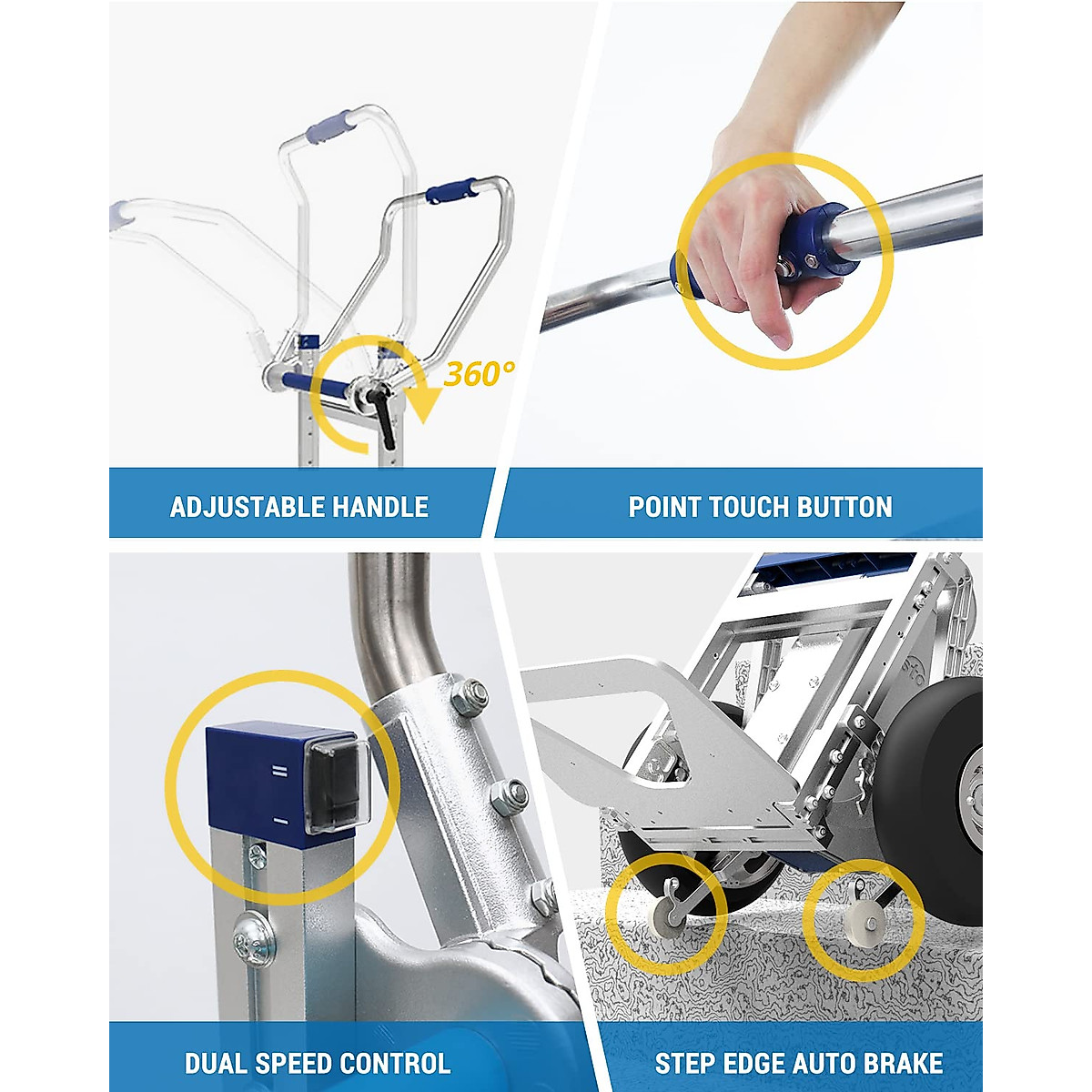Powered Stair Climbing Foldable Hand Truck with Auto Edge Brake - 375LBS Capacity Multi-Purpose Aluminum Stair Climber Hand Truck Moving Dolly with Retractable 4th Wheel Attachment