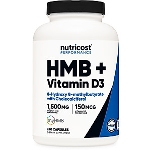 Nutricost HMB (1500mg) and Vitamin D3 (6000 IU) Supplement - 240 Capsules, 80 Servings - Gluten Free and Non-GMO