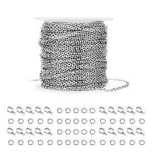 WXJ13 36 Feet Silver Stainless Steel Link Cable Chain with 20 Lobster Clasps and 30 Jump Rings for Men Women Jewelry Chain DIY Making, 2.0mm