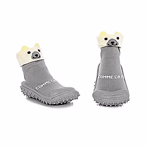 HOWELL Unisex Baby Socks Shoes Anti Slip Floor Socks with Soft Rubber Bottom Infant Newborn Cotton Sock Boots (Grey Bear,6-12 Months)