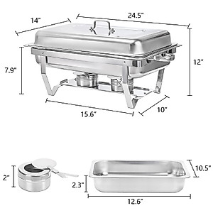 Fasmov Chafing Dish Buffet Set, 8 Quart Stainless Steel Catering Serve Chafer, Restaurant Food Warmer, Rectangular Buffet Stove with 2 Half Size Food Pans and Folding Frame