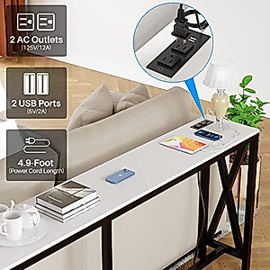 Aquzee Console Table with 2 Power Outlet and 2 USB Ports, 70.9" x 11.8" x 31.5" Steel Frame Narrow Behind Couch Sofa Table, Extra Long White Entryway Table
