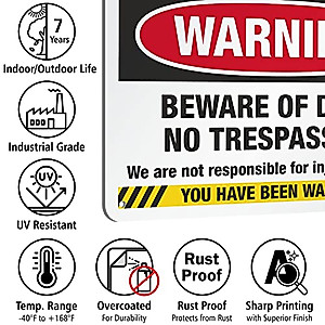 SmartSign 7 x 10 inch “Warning - Beware Of Dogs, No Trespassing, Not Responsible For Injury Or Death” Metal Sign, 40 mil Laminated Rustproof Aluminum, Multicolor