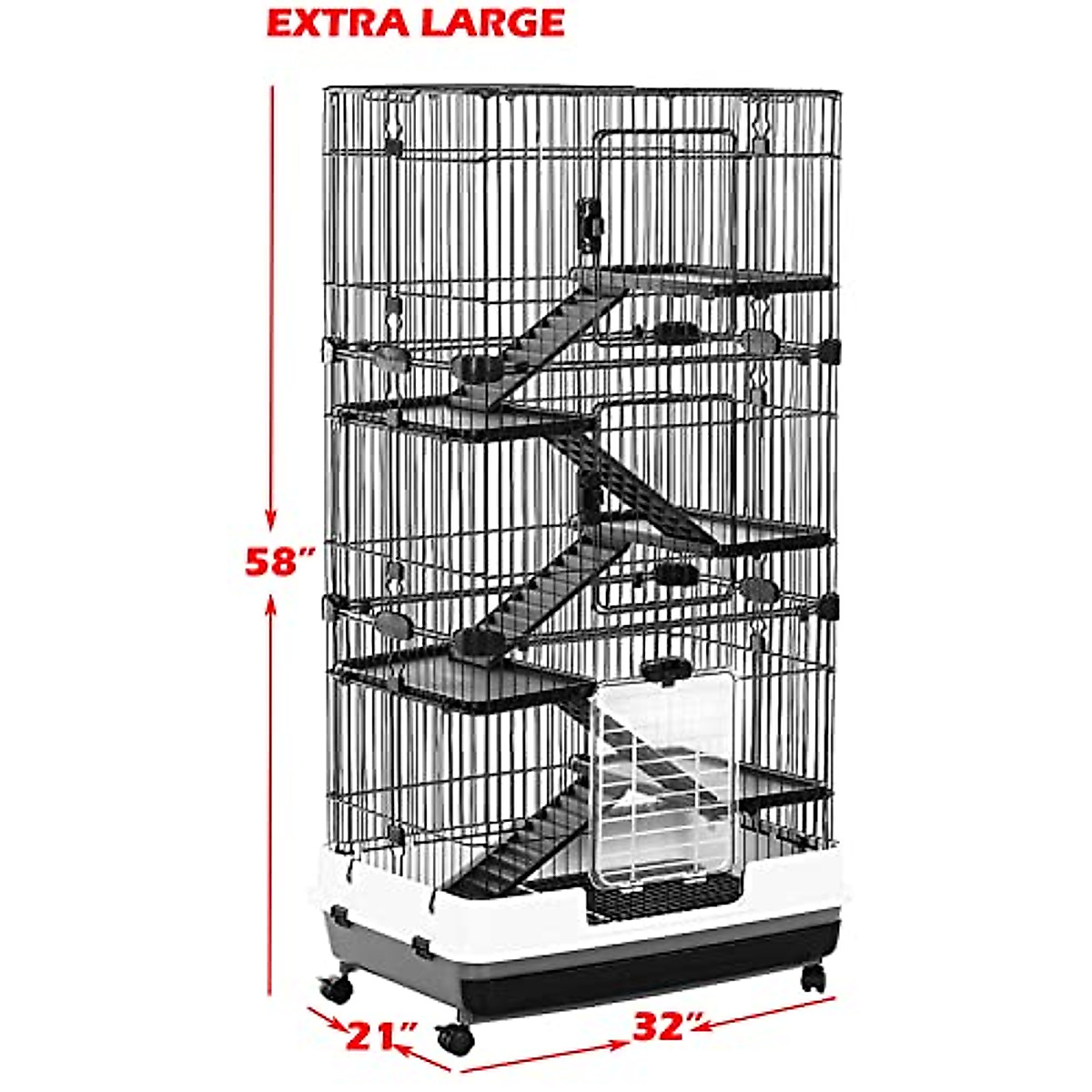 Extra Large Multi-Levels Indoor/Outdoor Small Animal Rabbit Bunny Guinea Pig Hedgehog Ferret Cat Chinchilla Squirrel Habitat Cage with Pull Out Tray Rolling Wheels (32" L x 21" W x 58" H, Black)
