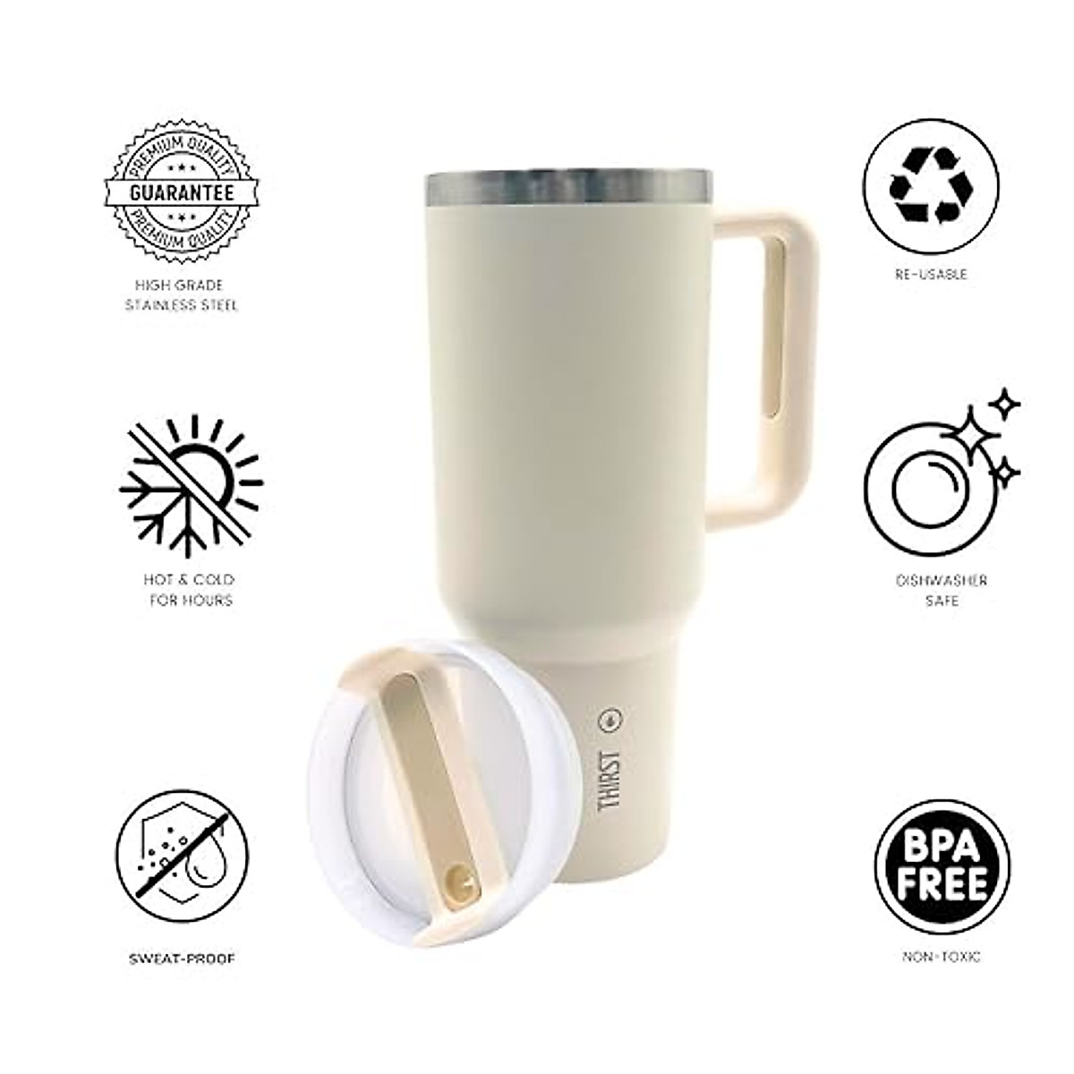 THIRST Quench H2.0 40 oz tumbler with handle and straw | Stainless Steel Tumbler | Insulated Tumbler | Double Wall Mug | Thermos | Cup | Water Bottle (New Generation Lid & Straw) (Dune)